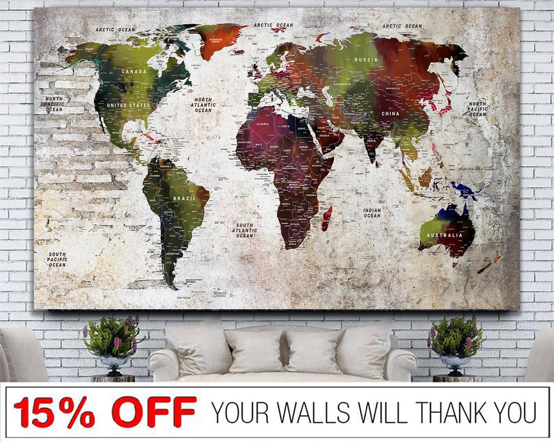Map of the World Canvas Wall Art Educational Map of the World Multi ...