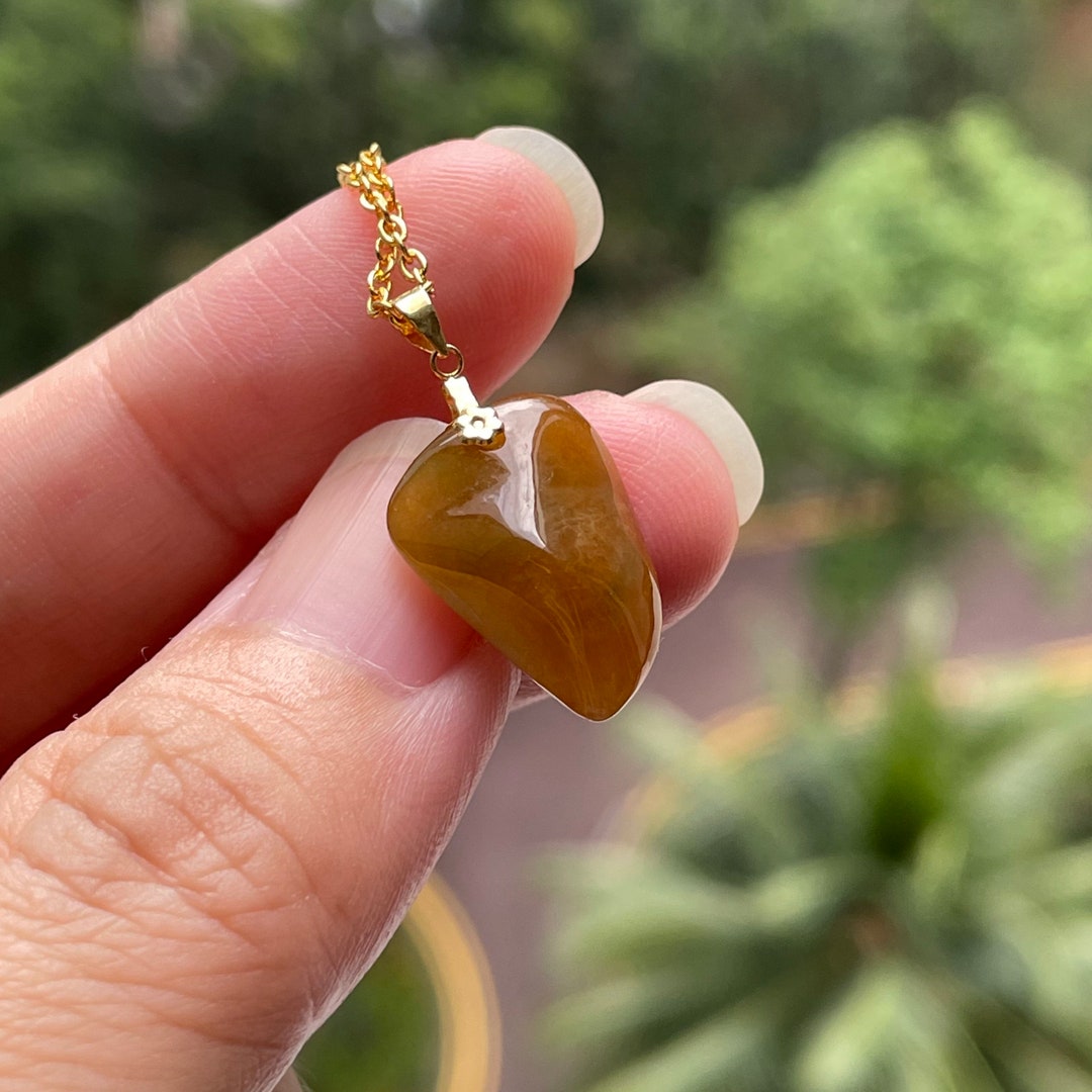 Dark Honey Brown Jade Pendant 18K Gold Bail - Natural Myanmar Authentic ...