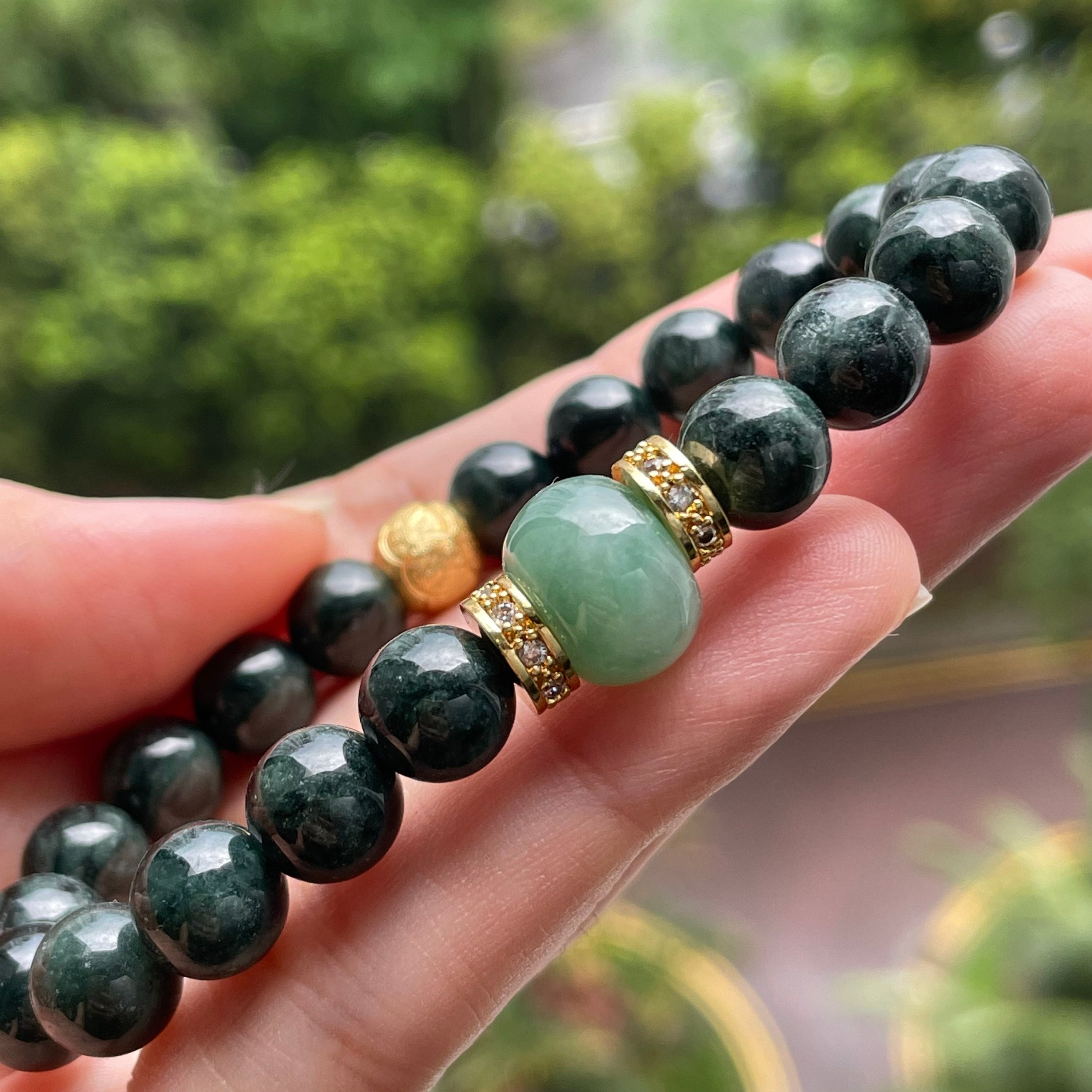 Dark Green Floating Veins Texture Jadeite bead bracelet- Natural Type A ...