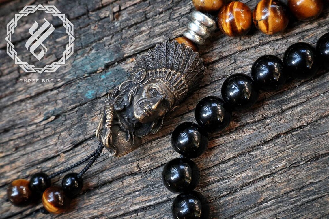 Great Chief Beaded Necklace With Black Onyx & Tiger Eye Bead - Etsy