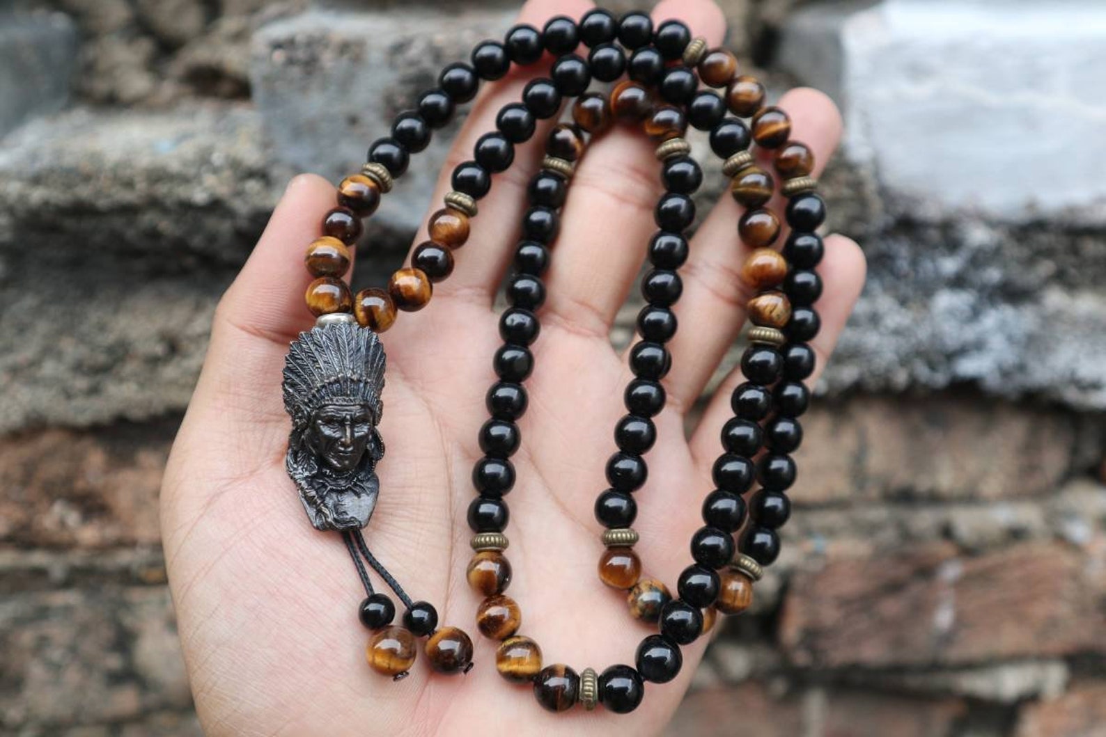 Great Chief Beaded Necklace With Black Onyx & Tiger Eye Bead | Etsy