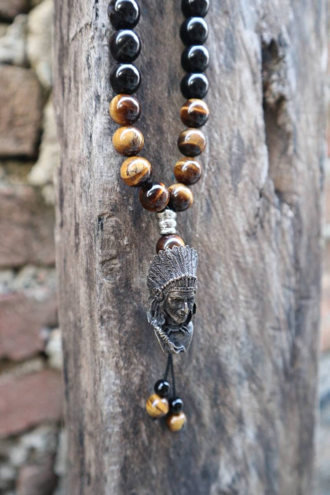 Great Chief Beaded Necklace With Black Onyx & Tiger Eye Bead - Etsy