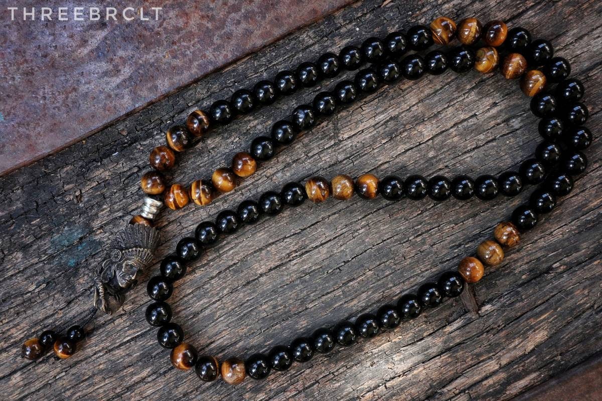 Great Chief Beaded Necklace With Black Onyx & Tiger Eye Bead - Etsy