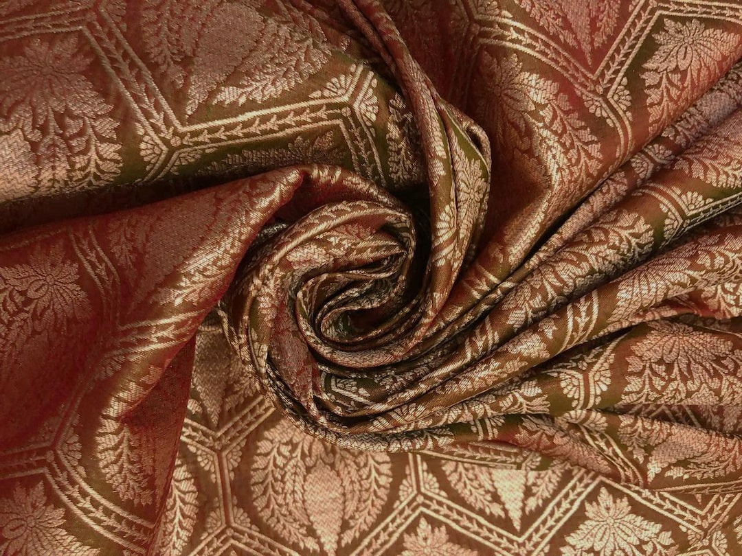 Silk Brocade Fabric Brown With Subtle White Metallic Gold Motif ...