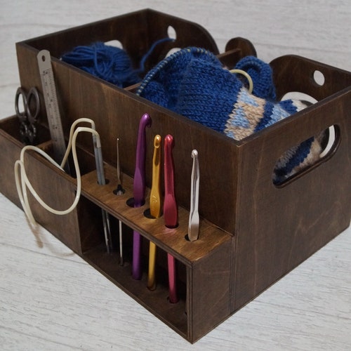 Knitting Needle Organizer Large Wooden Yarn Box With Lid - Etsy