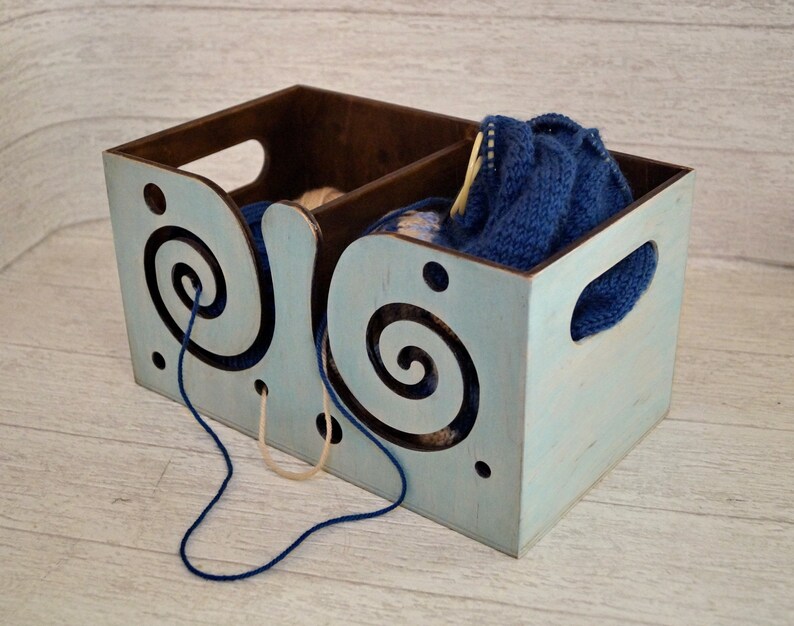 Sky Blue Wooden Yarn Box With Lid Large Yarn Bowl - Etsy