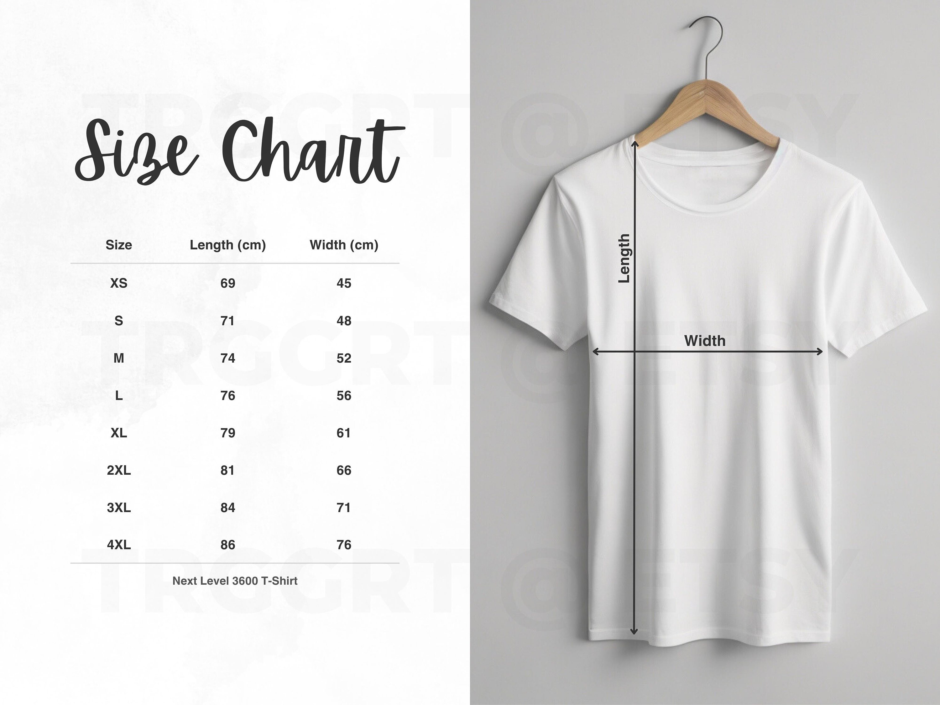 Next Level 3600 Size Chart, Next Level 3600 T-shirt Mockup Size Chart, Size Guide in Imperial ...