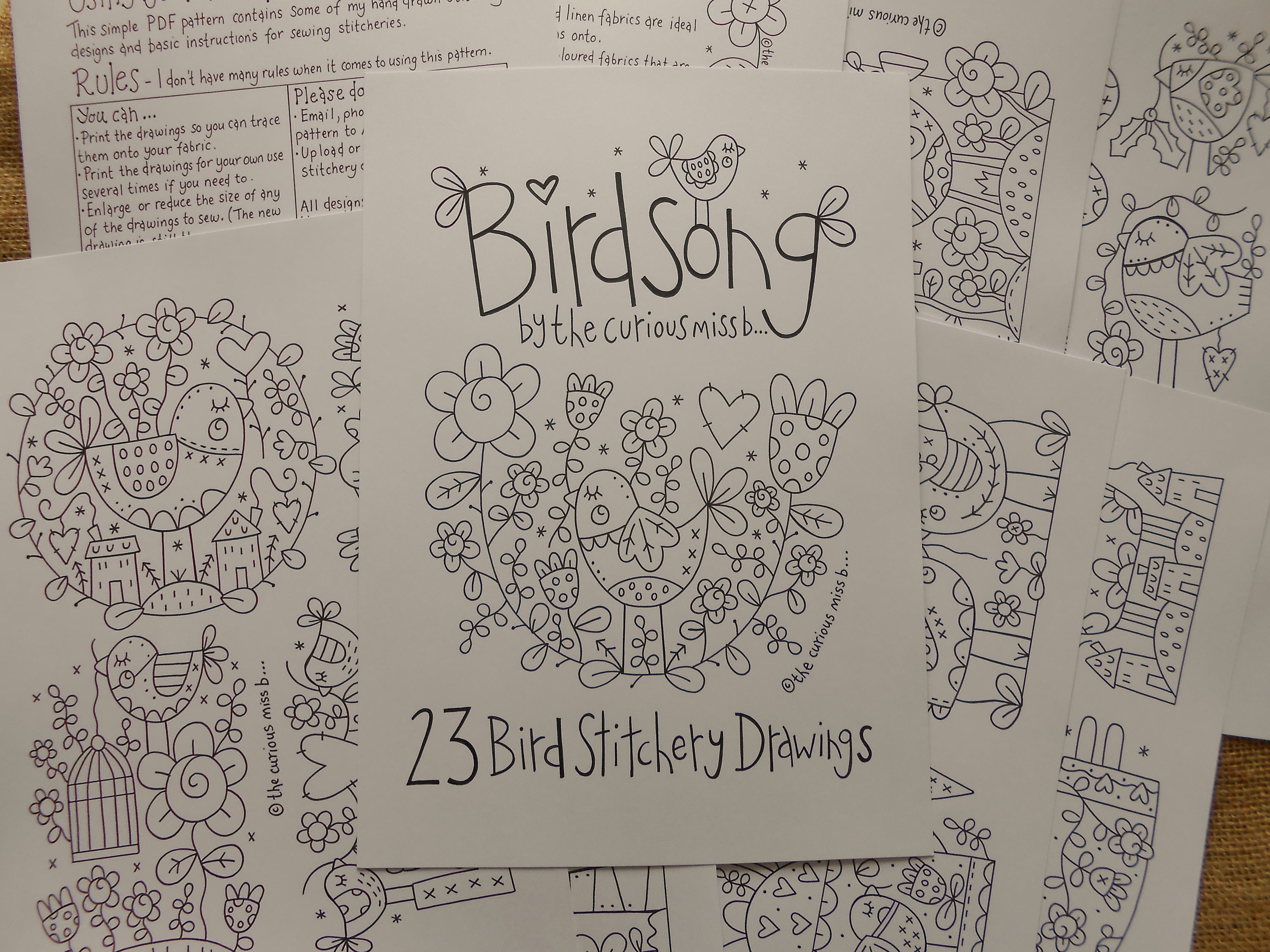 Pdf Pattern #15 - BIRDSONG Stitchery Drawings - 23 Bird Themed ...