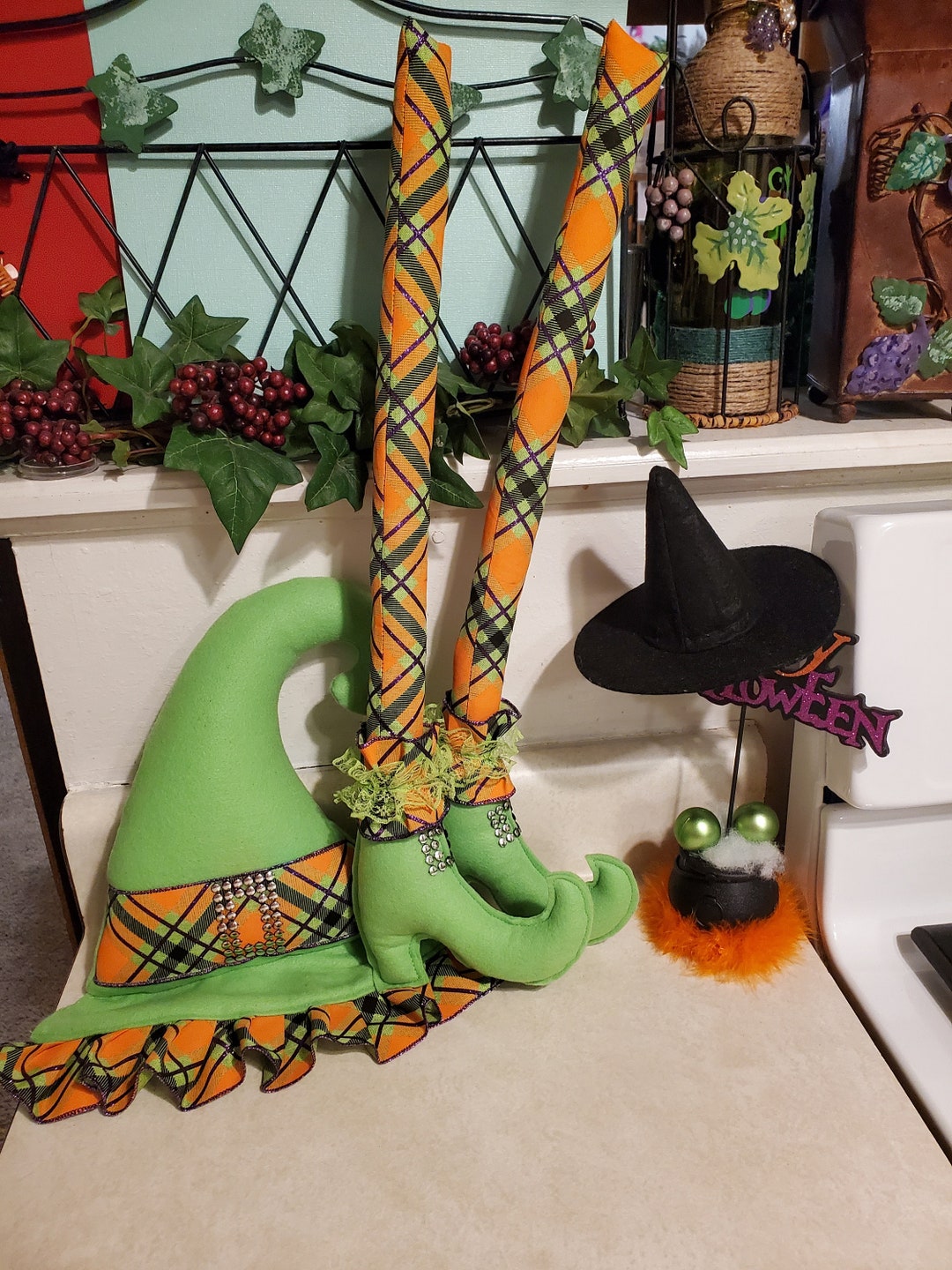 Witch Hat and Legs Set, Witch Hat With Legs Wreath Attachments, Lime ...