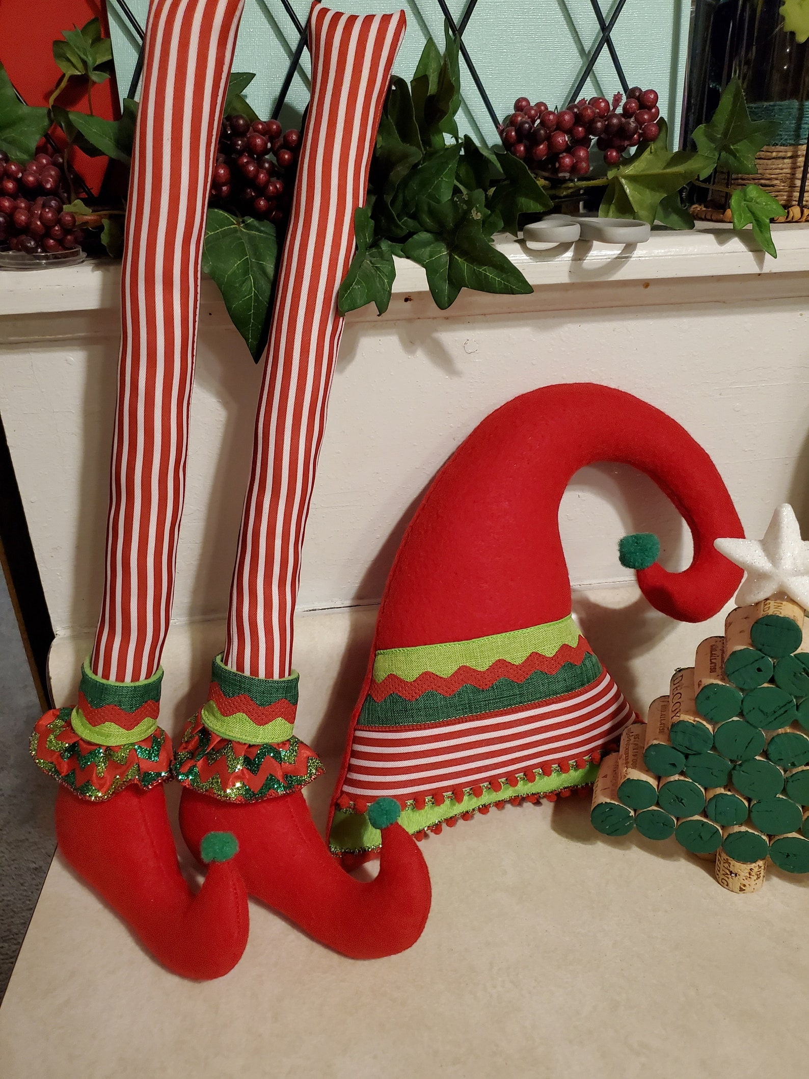 Elf Hat and Legs Wreath Attachments, ZIG ZAG Red Striped Elf Legs ...