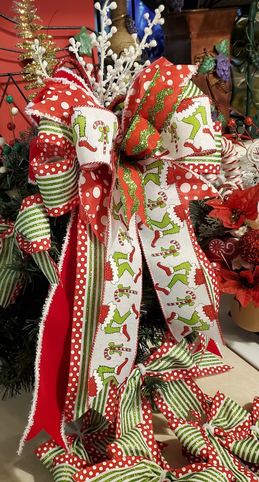 Green Santa Elf Leg Tree Topper, Red and Green Tree Topper Bow - Etsy