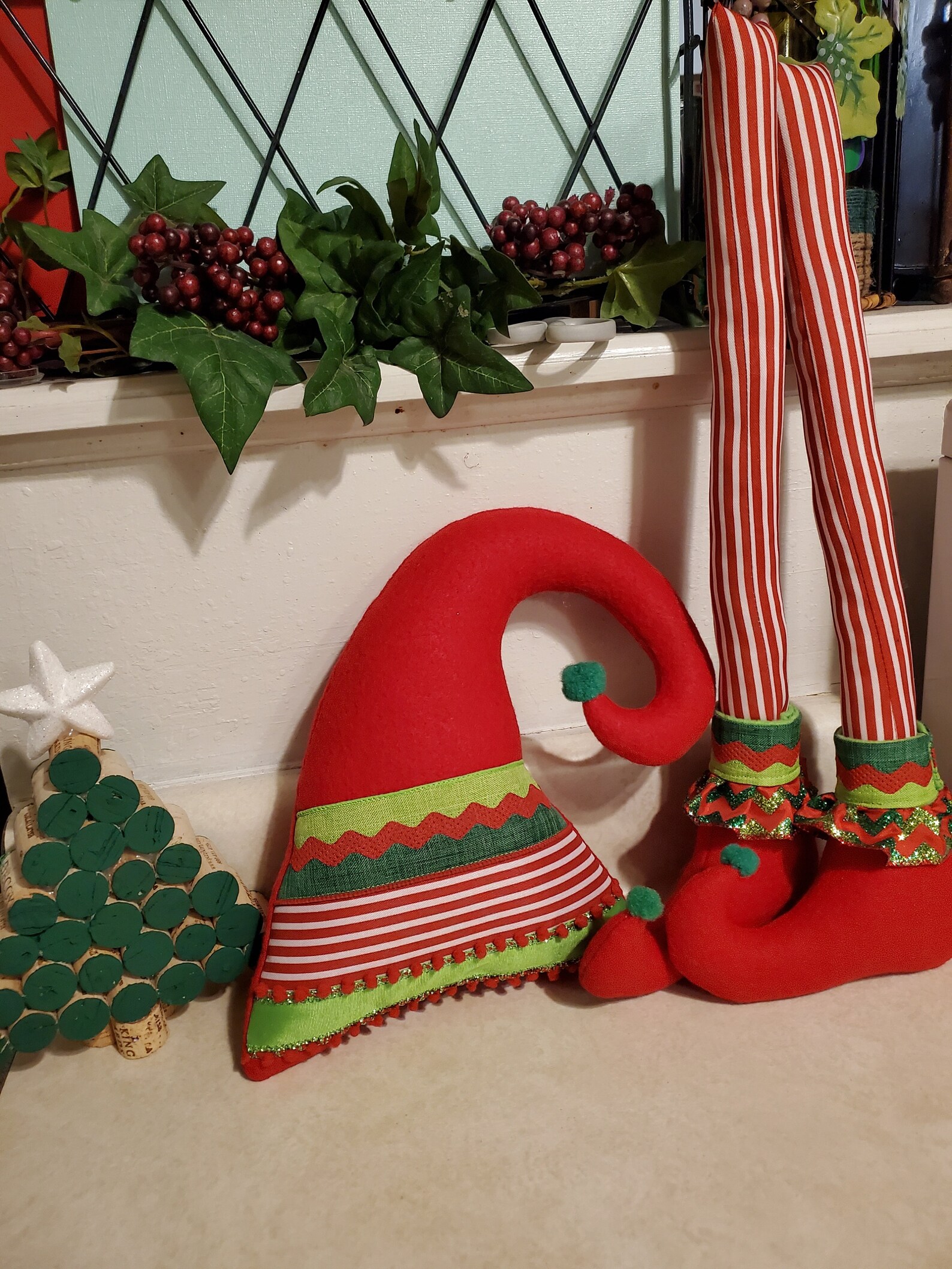 Elf Hat and Legs Wreath Attachments, ZIG ZAG Red Striped Elf Legs ...