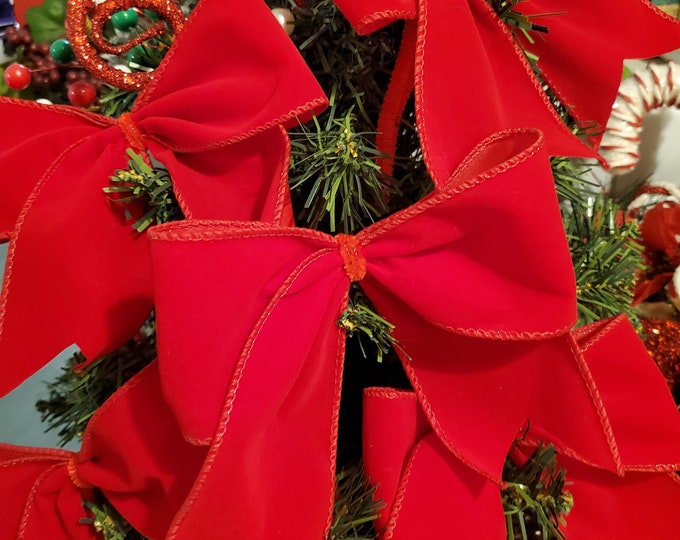 Red Velvet Christmas Tree Bows Set Of 10 Red Vintage Style Bows Etsy