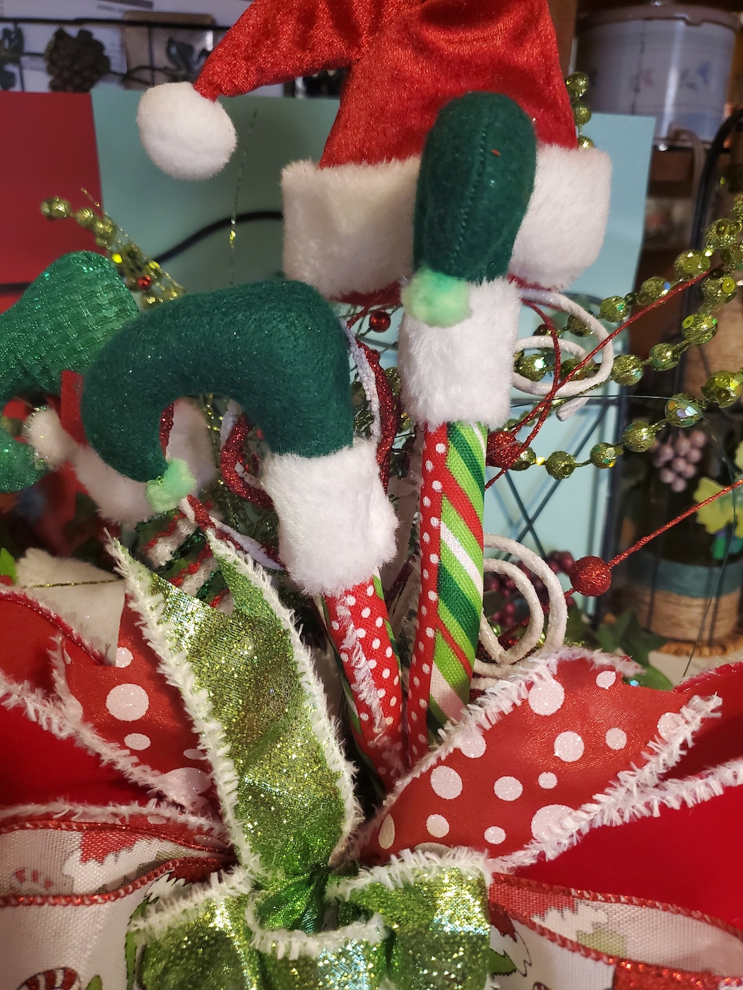 MINI Elf Legs Set, Elf Leg Tree Ornaments, Diagonal Dotty Stripe Print ...