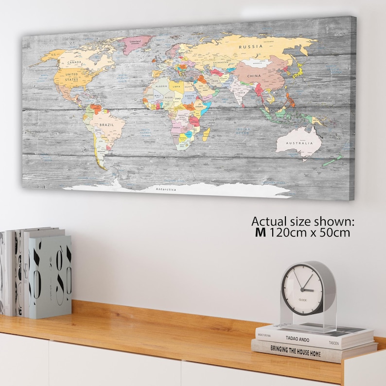 Map of the World Grey Canvas Wall Art Print - Etsy UK