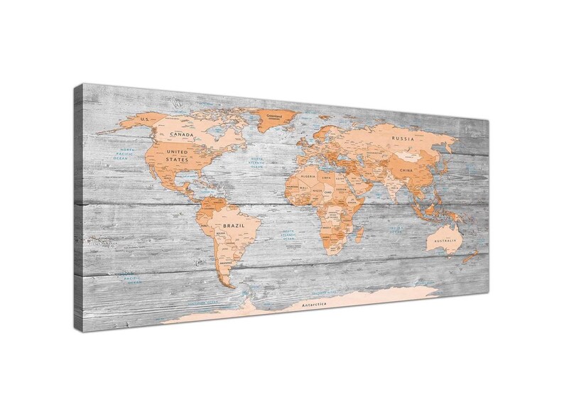 Map of the World Grey Canvas Wall Art Print - Etsy UK