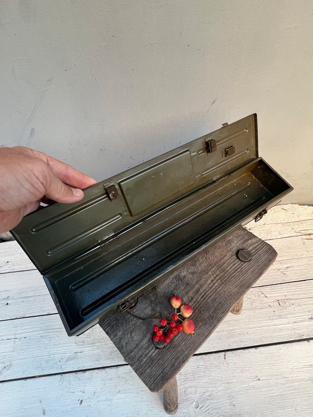 Vintage Metal Box, Antique Metal Box With Leather Folding Handle and ...