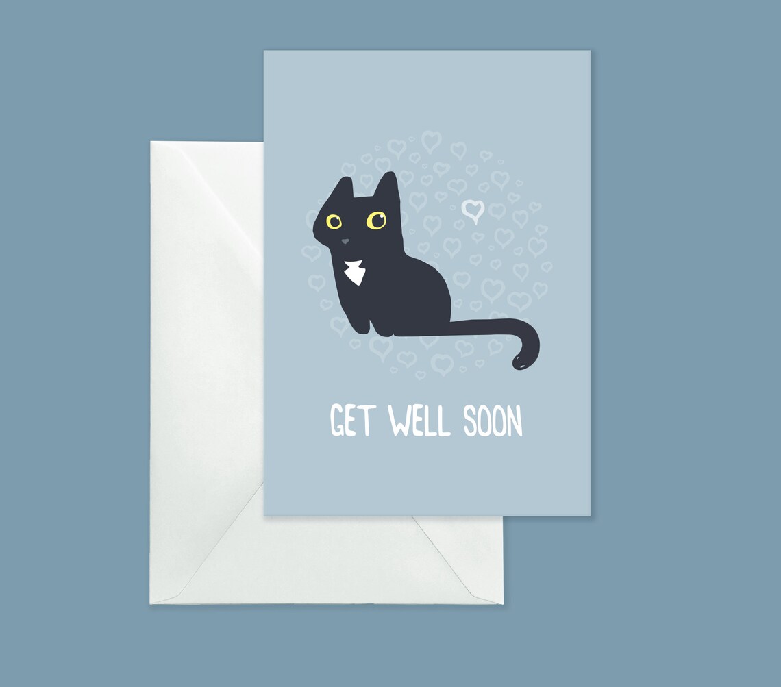 Get Well Soon Card With Black Cat Cute Black Cat Get Well | Etsy