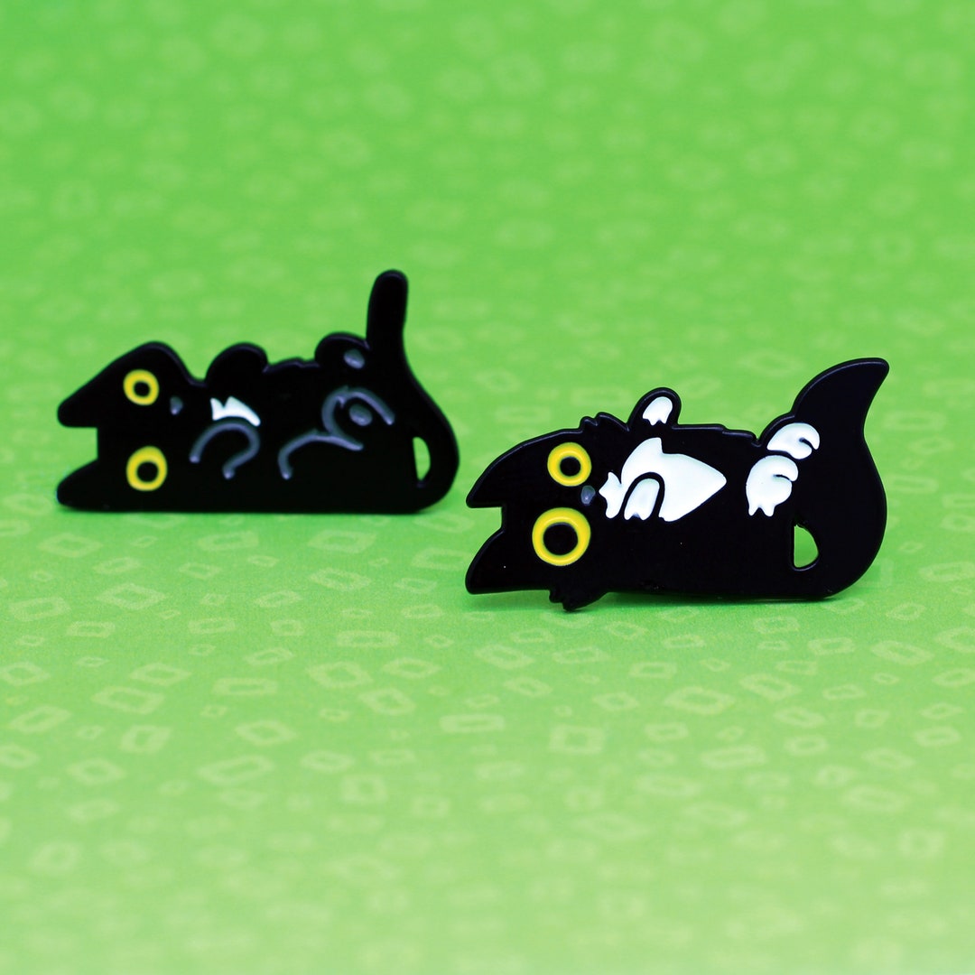 Pair of Black Cat Enamel Pins, Two Cat Tummy Pins, Cats on Their Backs ...