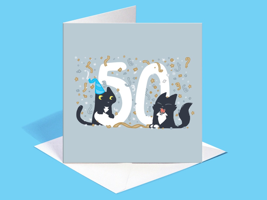 50th Cat Birthday Card, Silver Cat Card for 50th Birthday, Silver ...