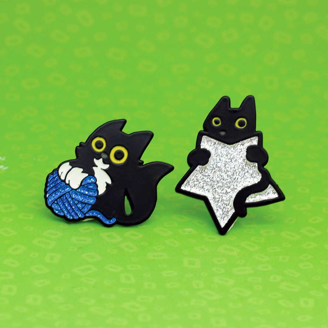 Pair of Sparkly Black Cat Enamel Pins, 2 Glittery Cat Pins, Set of Soft ...