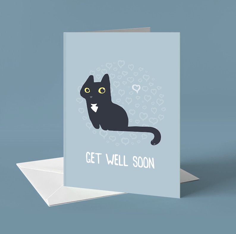 Get Well Soon Card With Black Cat Cute Black Cat Get Well | Etsy
