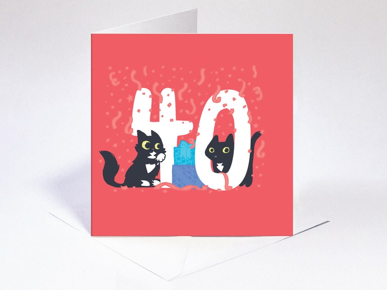 40th Cat Birthday Card Red Birthday Card for 40th 40th | Etsy