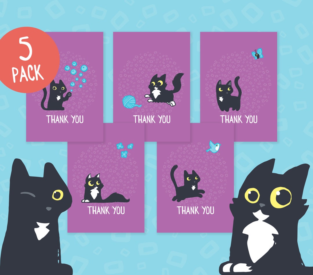 Set of 5 Cat Themed Thank You Cards Pack of 5 Black Cat Note - Etsy