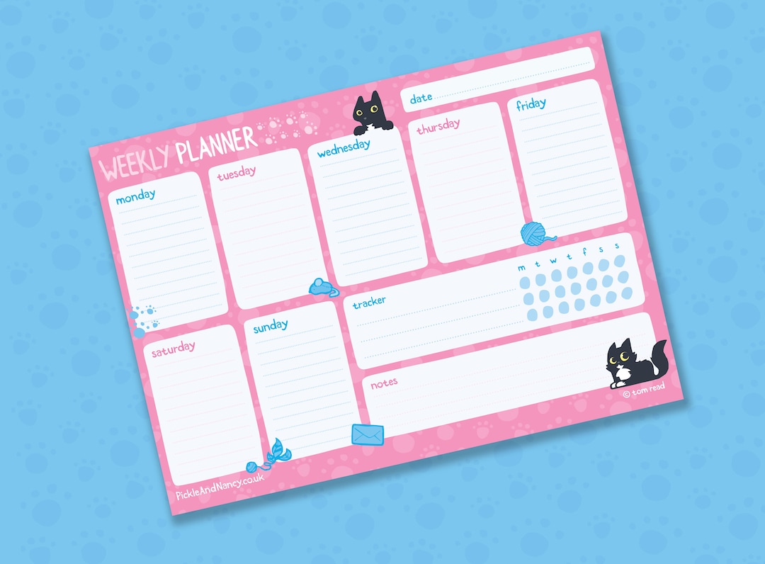 Cute Black Cat Weekly Planner, Colourful Pink Illustrated Weekly ...