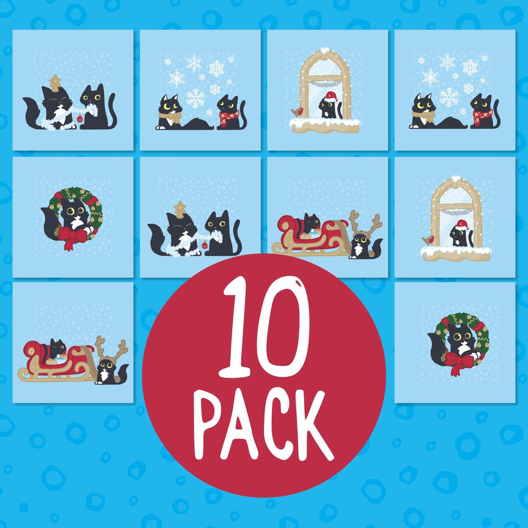 10 Ice Blue Cat Christmas Cards, Ten Funny Holiday Cards With Black ...