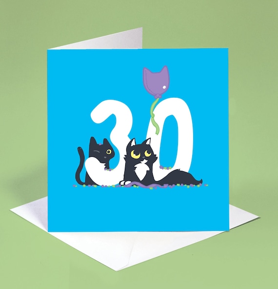 Bright Blue 30th Birthday Card for Him 30th Cat Birthday Card | Etsy