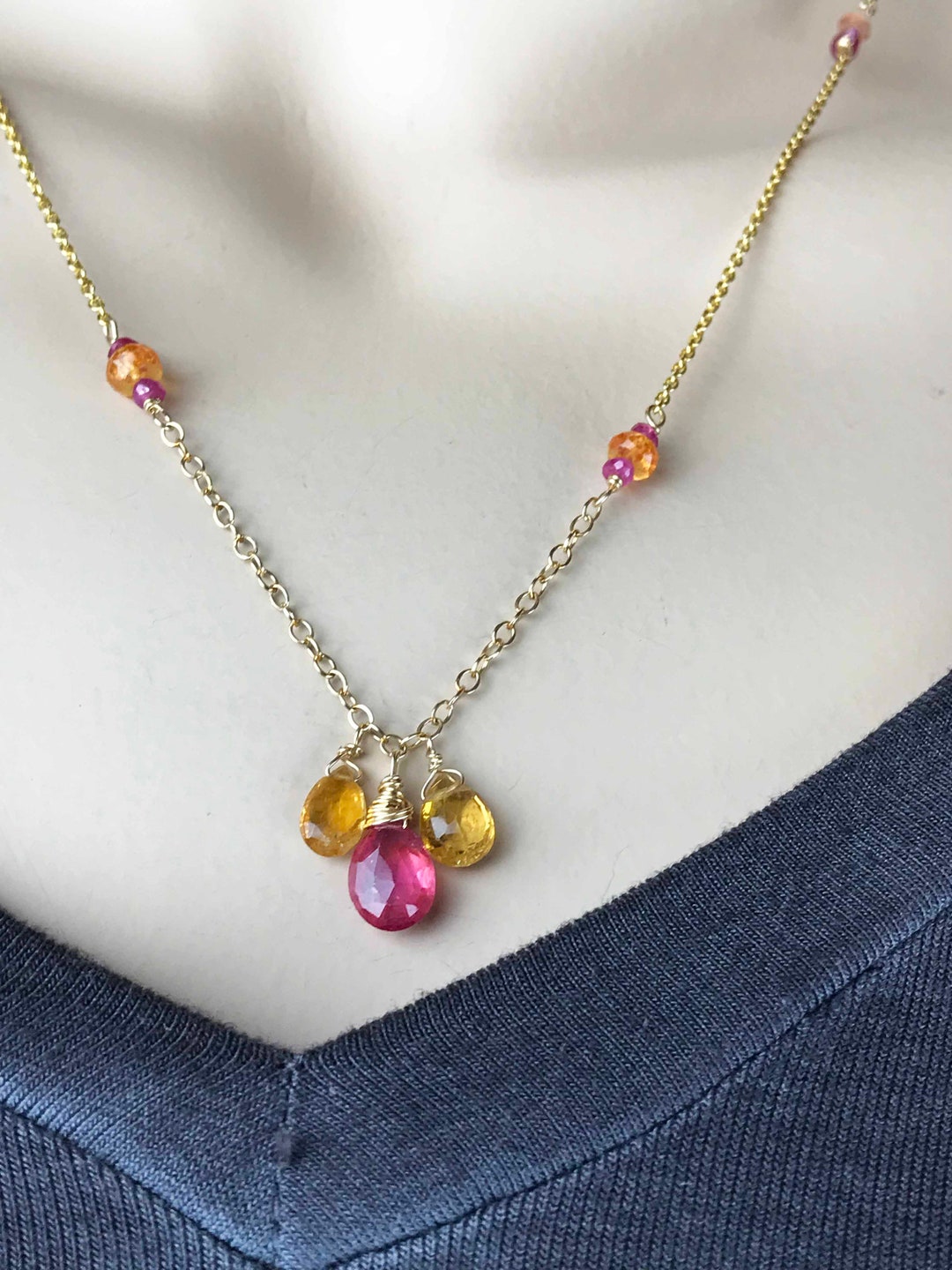 Yellow Topaz Sapphire Ruby Cluster Necklace, Gemstone Necklace, Pink ...