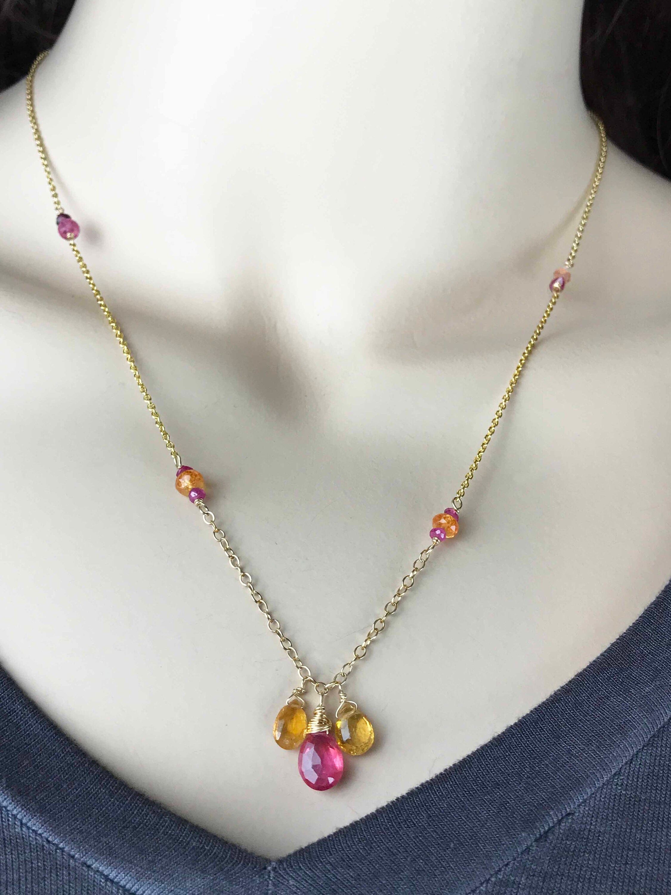 Yellow Topaz Sapphire Ruby Cluster Necklace, Gemstone Necklace, Pink ...