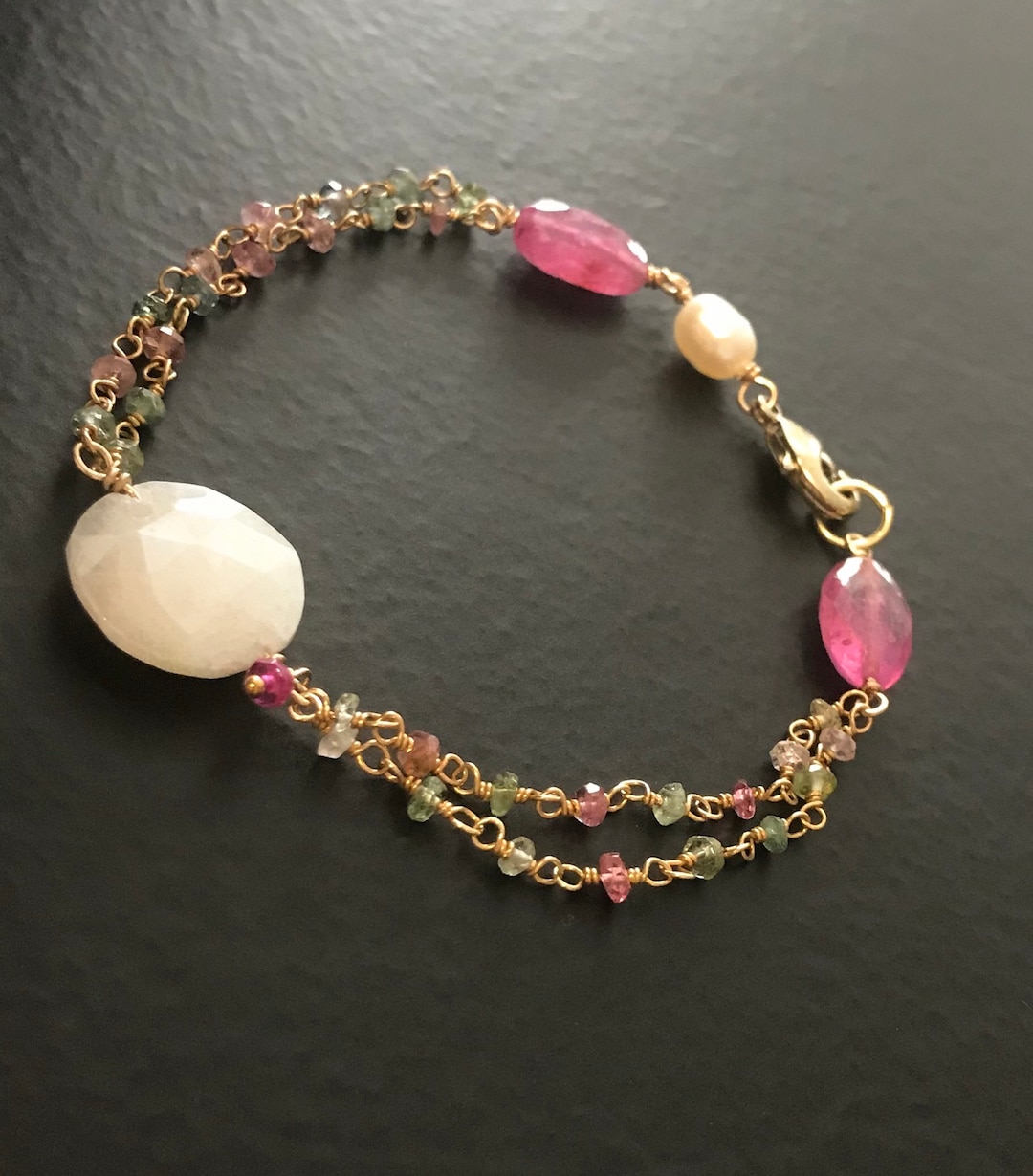 Pulsera de zafiro rubí perla de piedra lunar, regalo para ella, pulsera ...