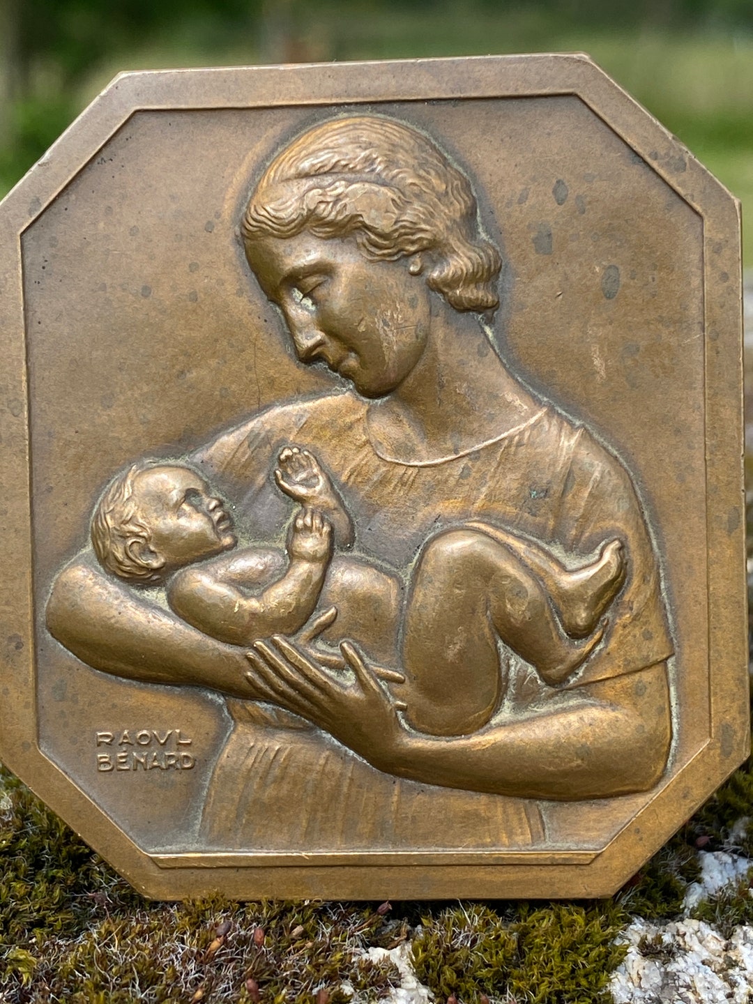 French Bronze Art Deco Medal. New Born Baby, Christening , Motherhood ...
