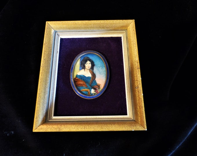 Vintage French enamel portrait miniature picture in gilt wood frame ...