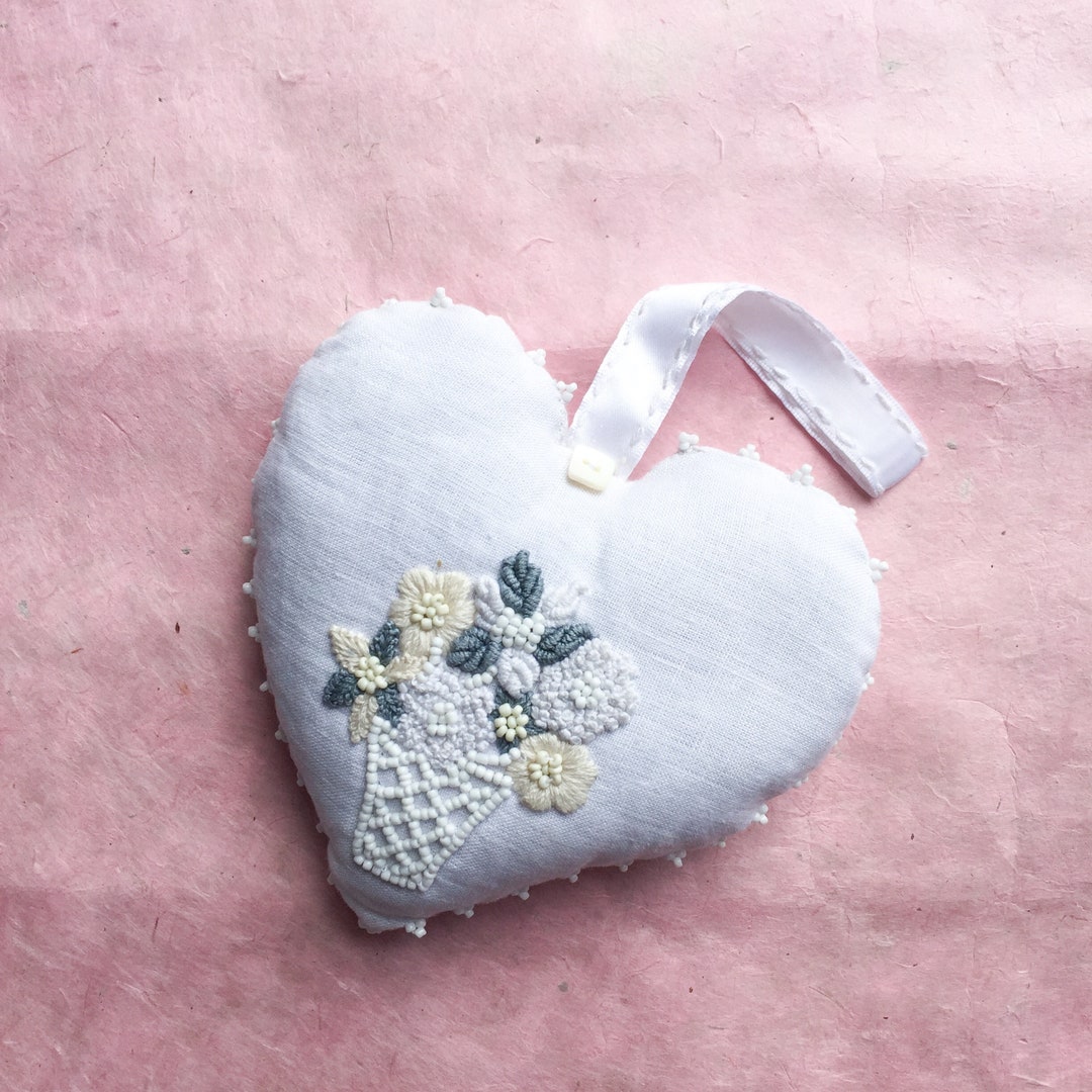 Lavender Heart Pomander With Flower Basket Embroidery (white and Grey ...