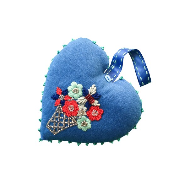 Lavender Heart Pomander With Flower Basket Embroidery blue | Etsy