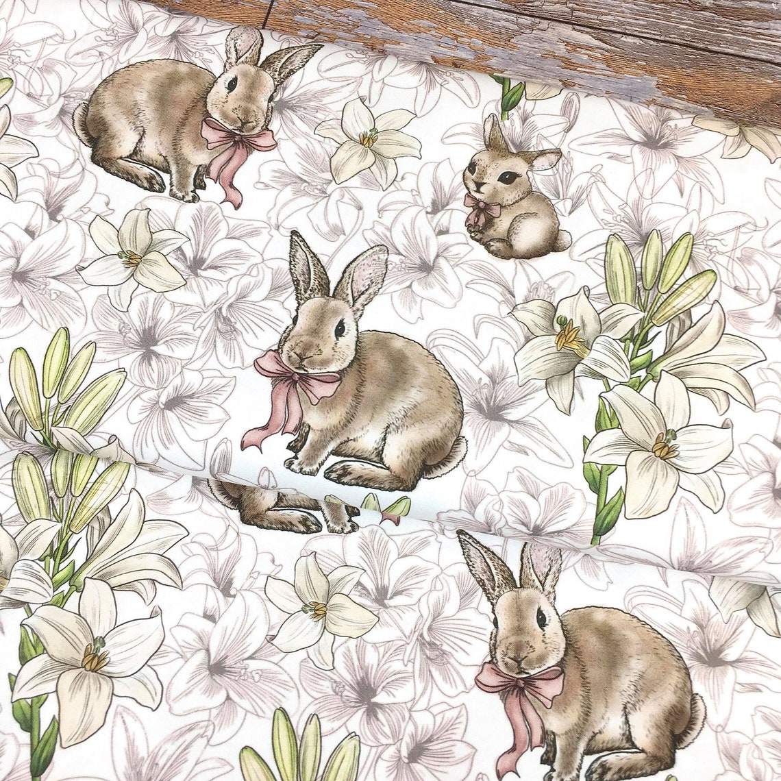 Bunnies And Flowers Cotton Fabric Rabbit With Bow Easter | Etsy