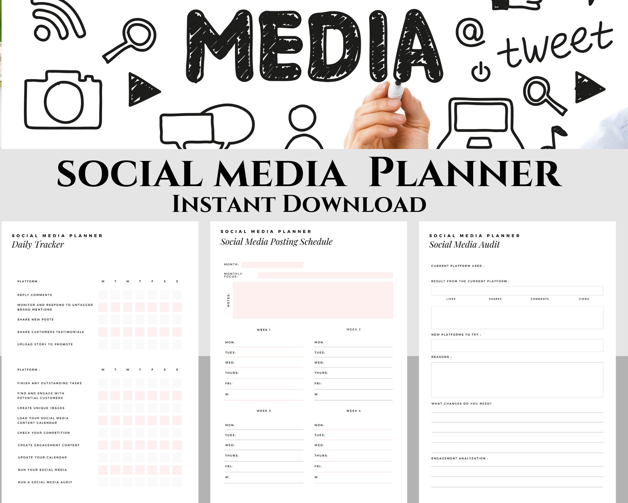 Social Media Planner Printable Template Bundle, Blog Post Planner ...