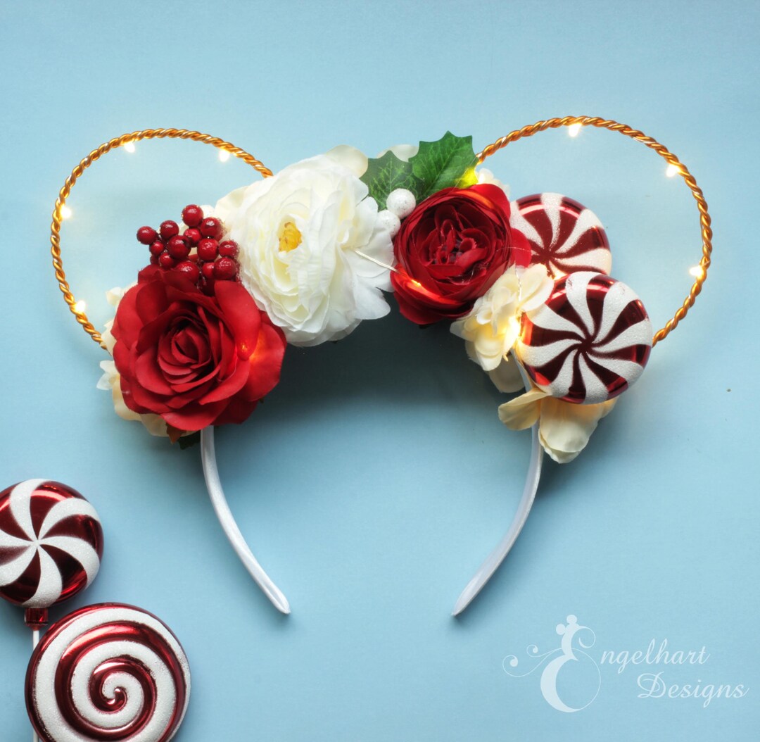 Peppermint Swirl Minnie Ears, Floral Christmas Mickey Ears, Holiday ...