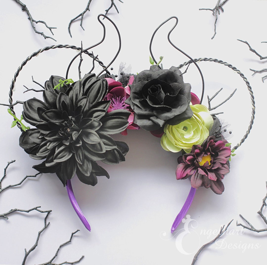 Maleficent Floral Mickey Ears Headband Disney Villain Horns Halloween ...