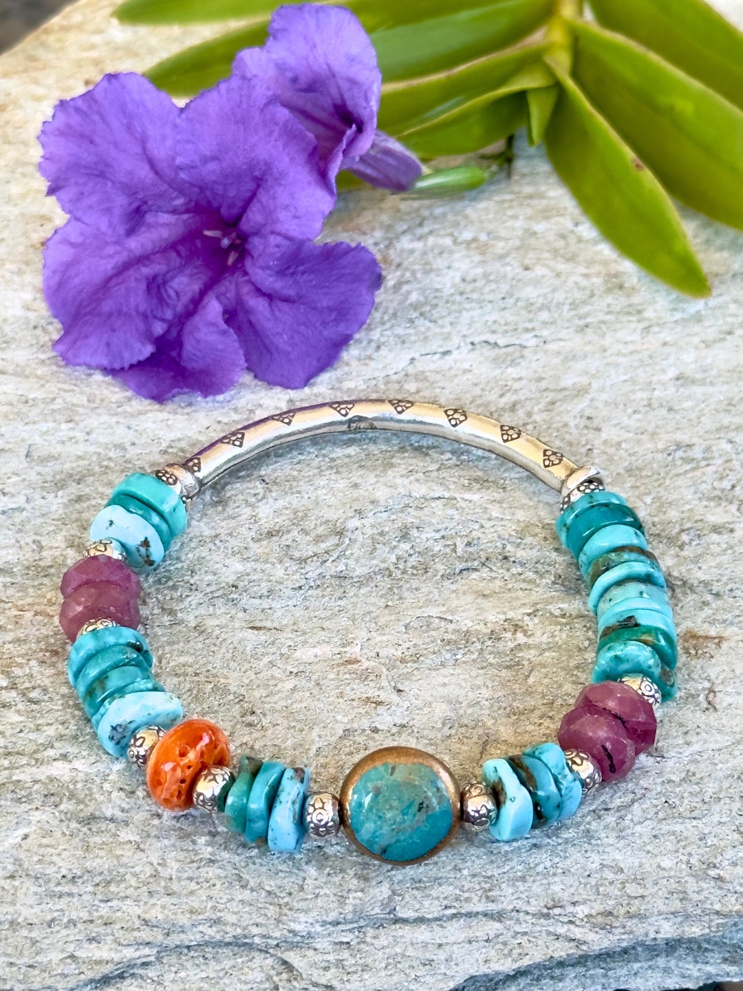 Sundance Style Genuine Ruby, Turquoise & Thai Fine Silver Stretch ...