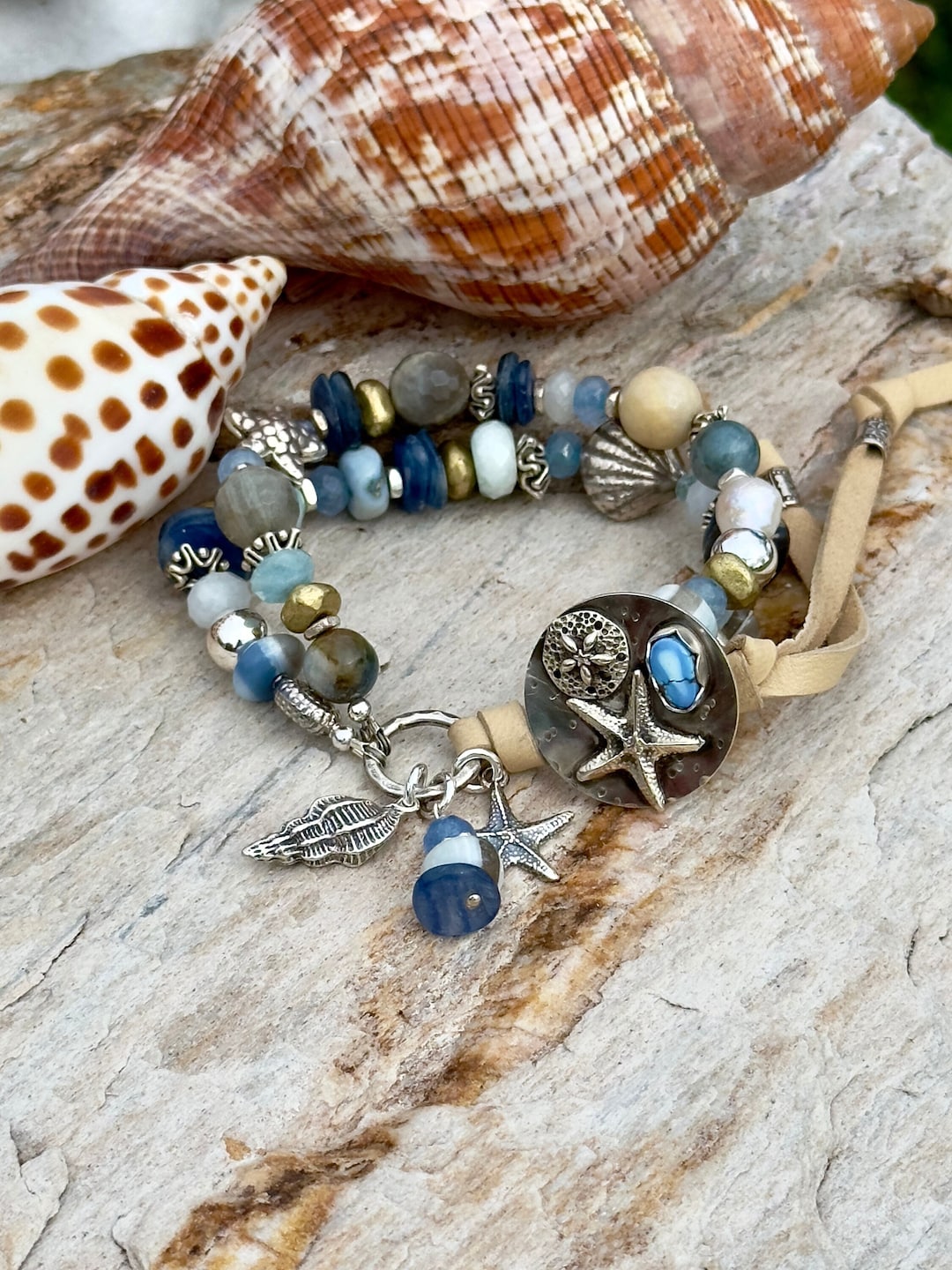 Seashore Chunky Gemstone Bracelet - Aquamarine & Kyanite - Sterling ...