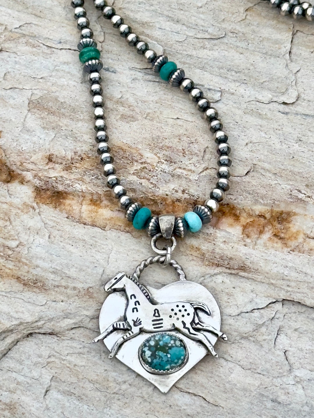 Sterling Spirit Horse Necklace on Navajo Pearls Galloping Horse ...