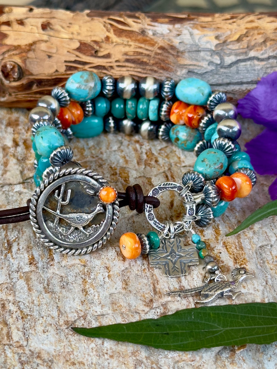 Nevada Turquoise, Spiny Oyster & Sterling Navajo Pearl 3 Strand ...