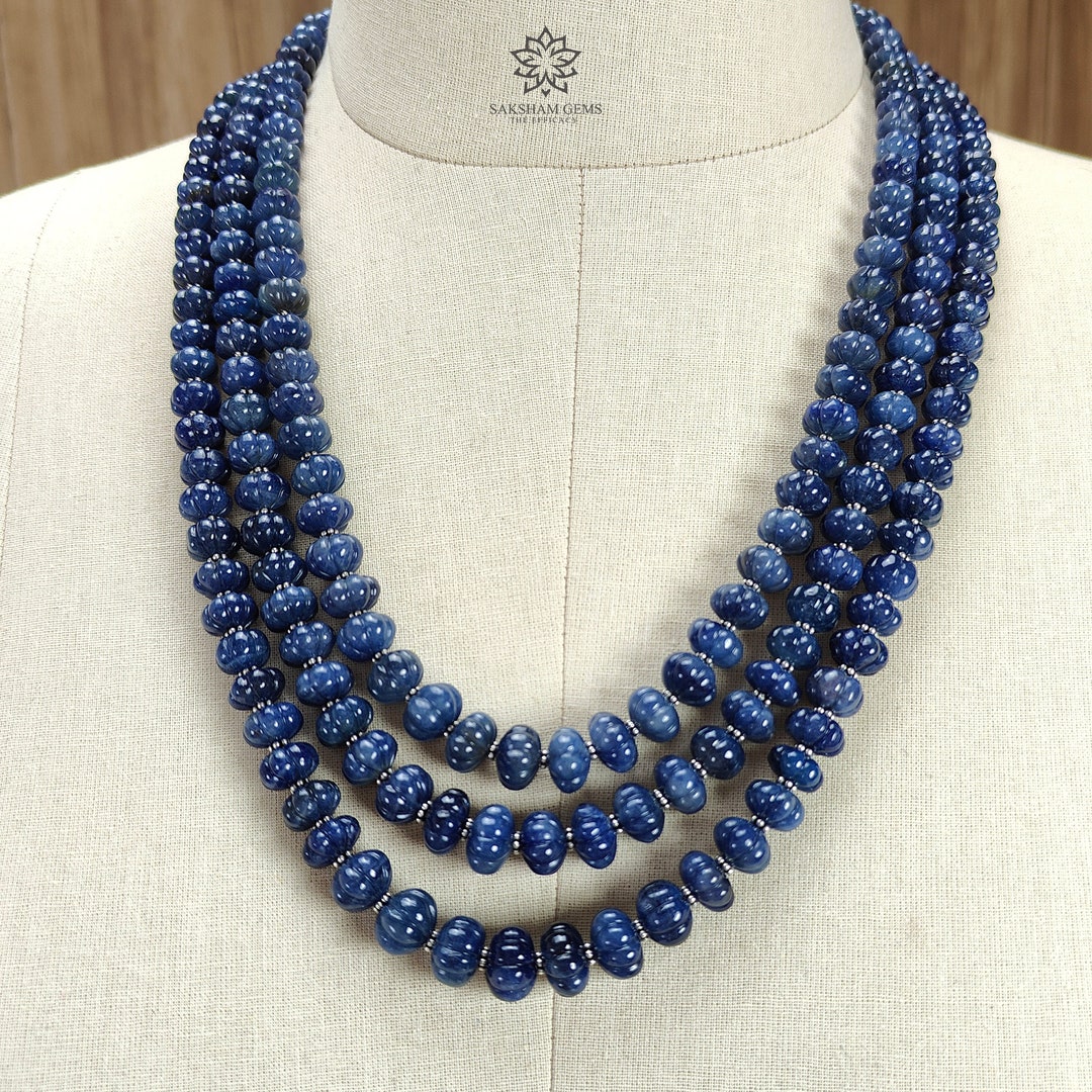 Buy Blue Sapphire Melon Pumpkin Beads Necklace : 1298.80cts 925 ...