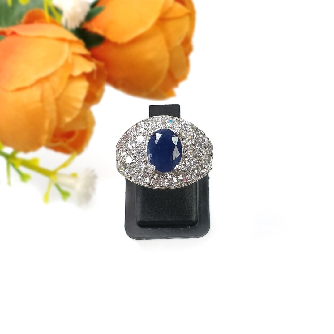 925 Sterling Silver Ring: 5.45gms Natural Blue Sapphire Gemstone With ...