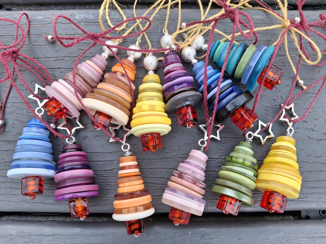 Set of 6 Button Christmas Tree Ornaments, Colourful Button Christmas ...