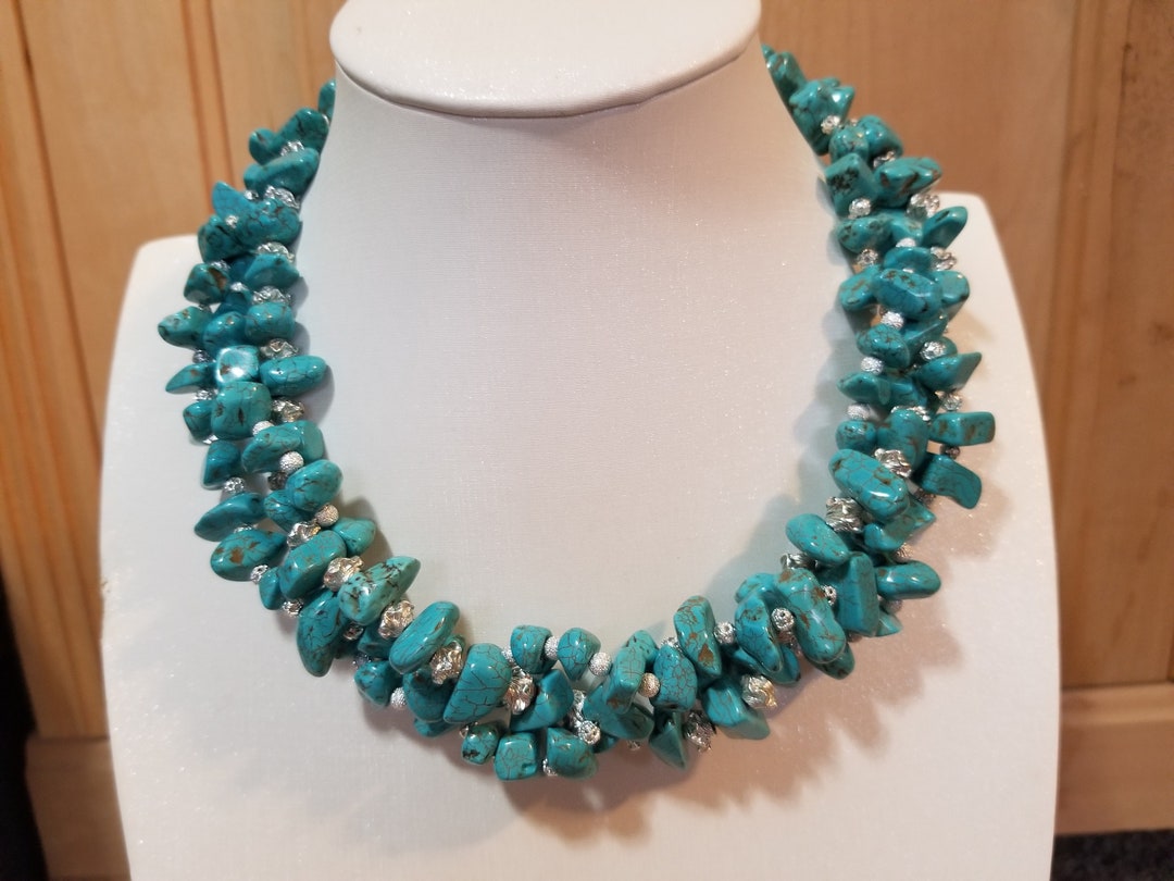 Triple Strand Turquoise Chip Necklace, Chunky Turquoise Necklace ...